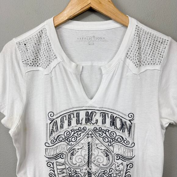 Affliction | Tops | Affliction Tee Size Xl White Graphic Rhinestone ...